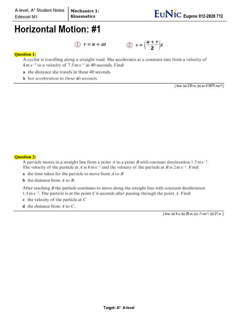 M1 Kinematics - Horizontal Motion #1 | PDF