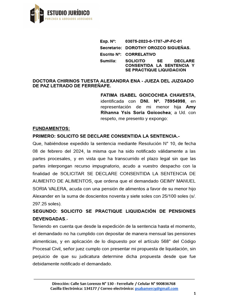 Exp. 3075-2023-Solicito Se Declare Consentida y Se Practique Liquidacion | PDF | Sentencia (ley ...