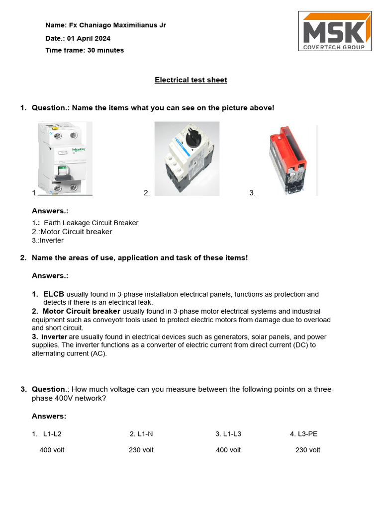 Electrical Test Sheet Overview | PDF | Alternating Current | Power Inverter