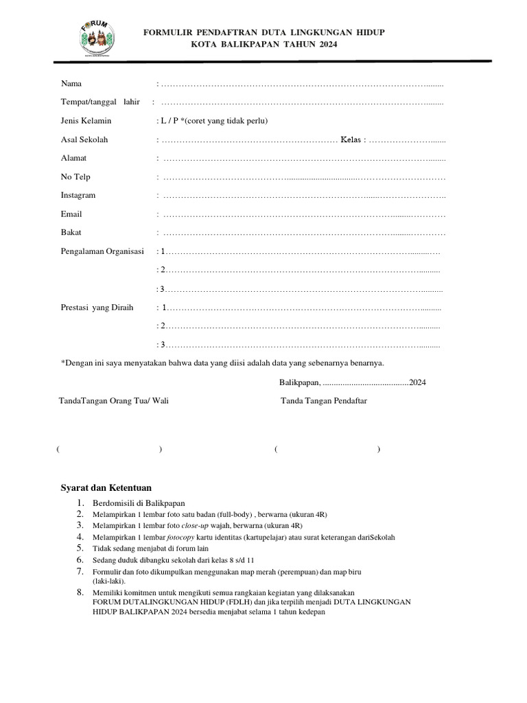 Formulir Pendaftaran DLH 2024 | PDF