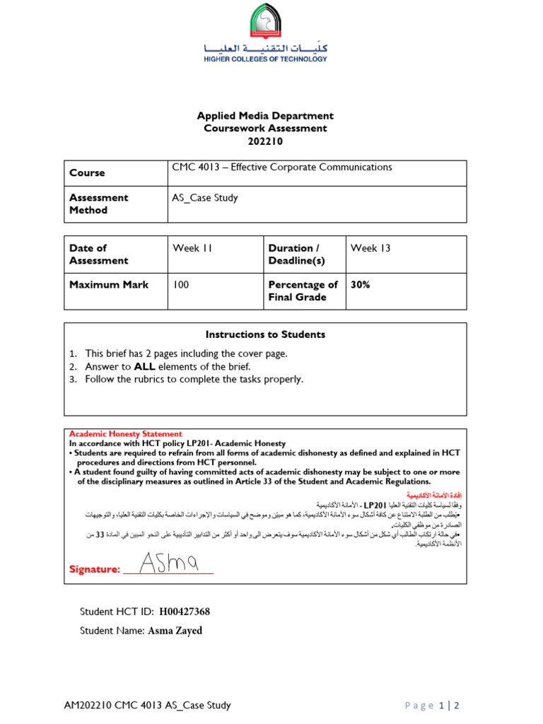 H00427368 - Asma Zayed - AS - Case Study | PDF | Cross Cultural Communication | Self Concept