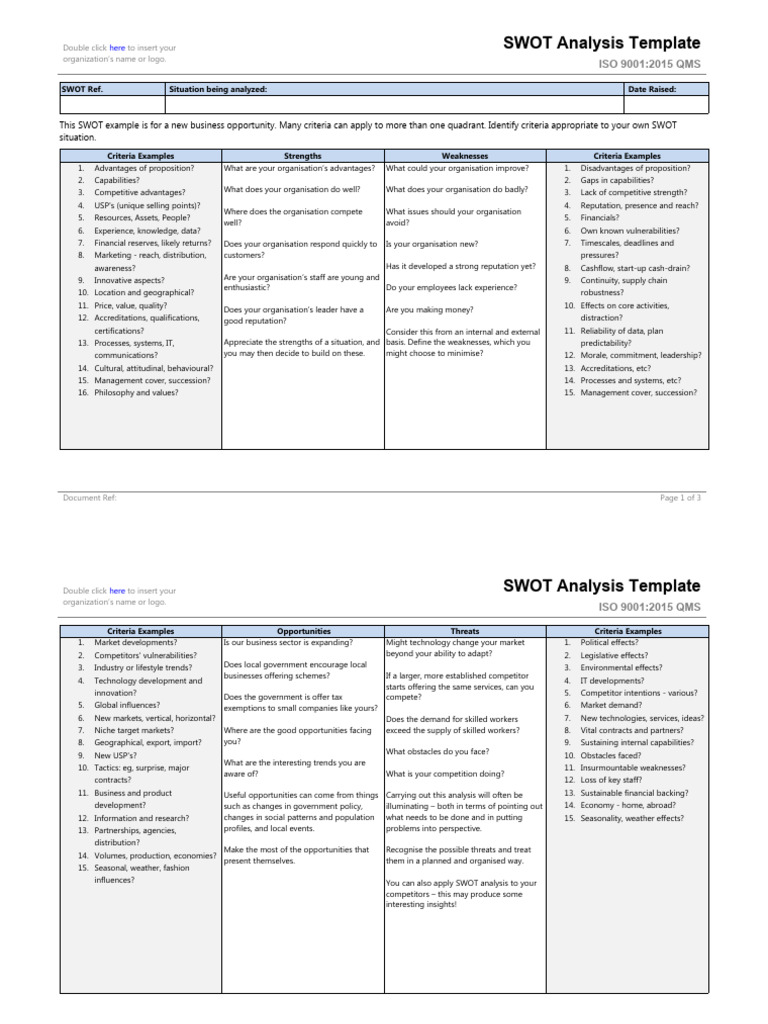 SWOT Analysis Template ISO 9001 | PDF | Swot Analysis | Business
