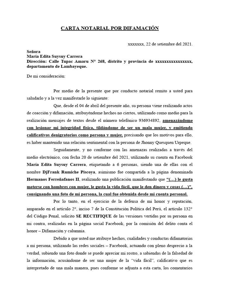 Carta Notarial por Difamación y Rectificación | PDF