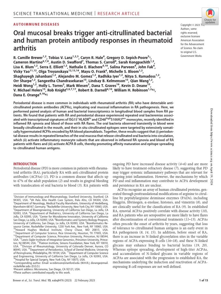 Oral Mucosal Breaks Trigger Anti-citrullinated Bacterial and Human ... Oral Mucosal Breaks Trigger Anti-citrullinated Bacterial and Human ...