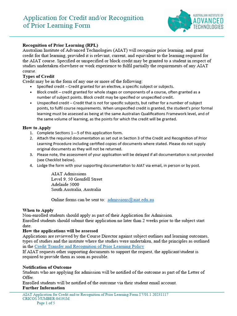 Application For Credit and or Recognition of Prior Learning Form V01.1 ...