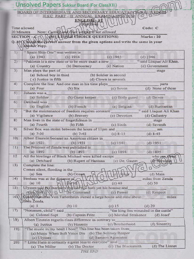 Past Paper 2019 Sukkur Board Inter Part II English Objective English ...