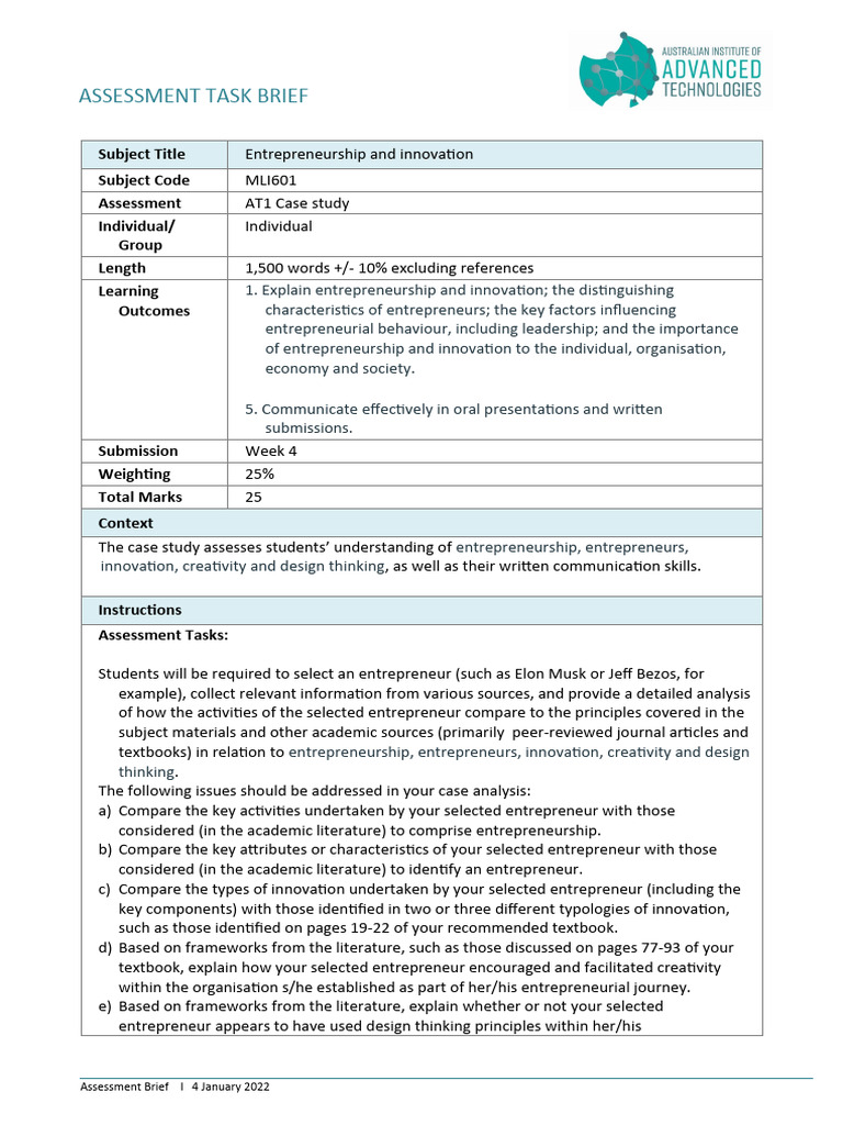 MLI601 Aassessment Task 1 brief (1) | PDF | Entrepreneurship | Innovation