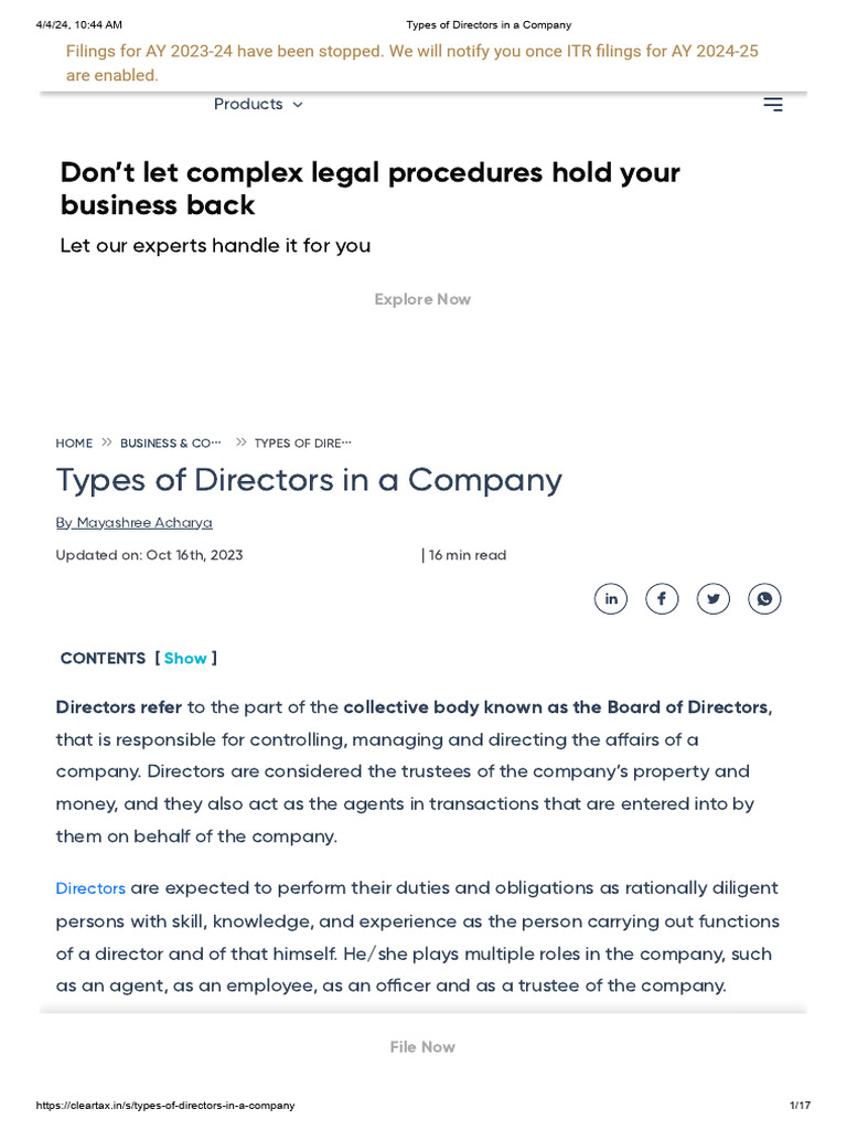 Types of Directors in A Company | PDF | Legal Liability | Taxes
