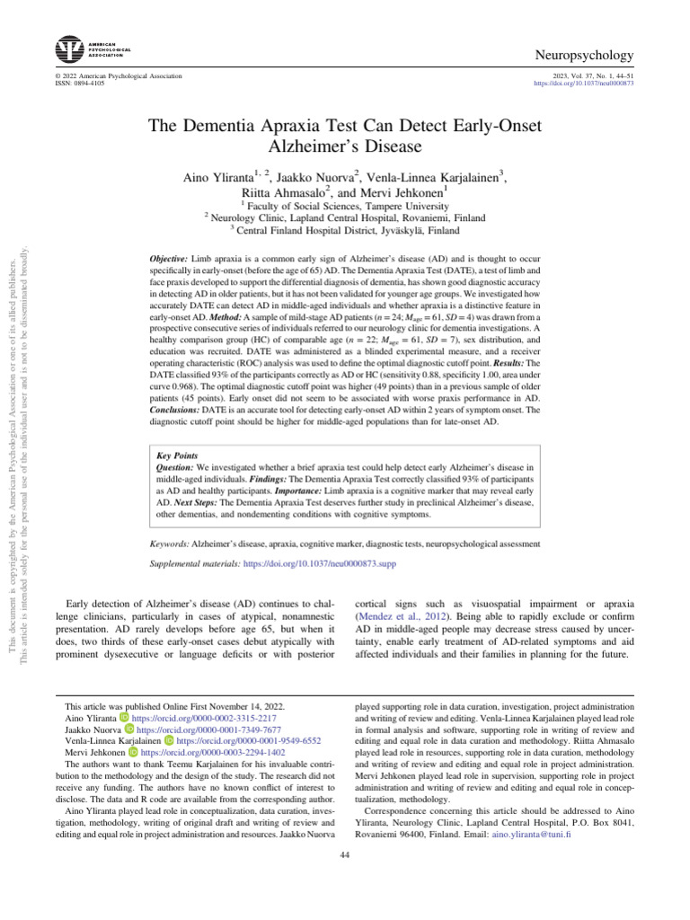 The Dementia Apraxia Test Can Detect Early-Onset Alzheimer's Disease ...