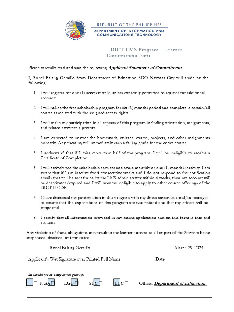 Learner Commitment Form in Accessing DICT LMS (Annex D) | PDF