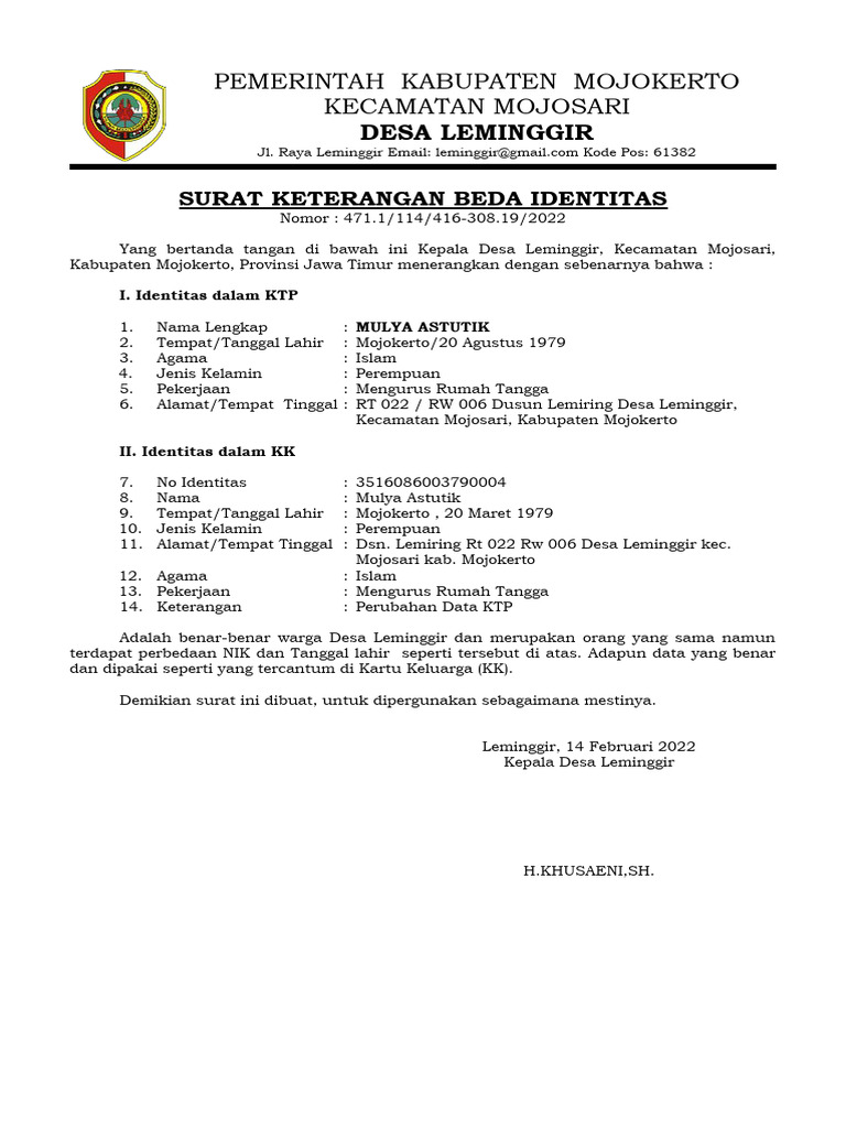 Surat Ket Beda Nama 3516081702730003 2022-02-14 114 | PDF