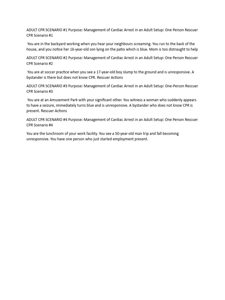Adult CPR Scenario | PDF | Cardiopulmonary Resuscitation | First Aid