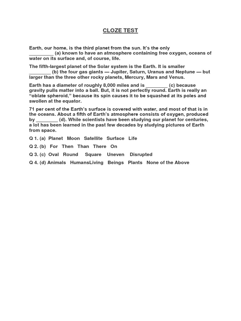 Cloze Test | PDF | Planets | Earth
