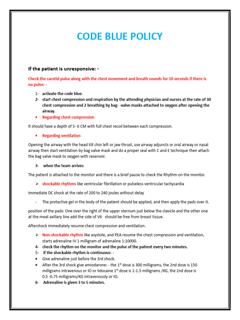 Code Blue Policy | PDF | Cardiopulmonary Resuscitation | Breathing