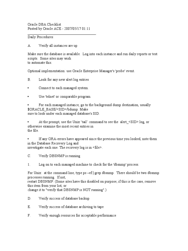 Oracle DBA Checklist | PDF | Oracle Database | Sql
