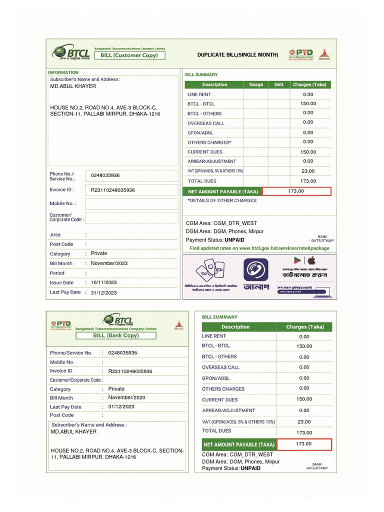 MD - ABUL KHAYER - PSTN - Nov23 - Bill | PDF
