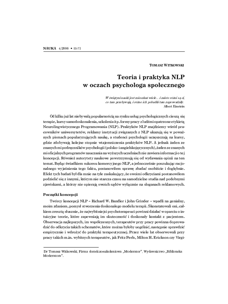 Teoria I Praktyka NLP W Oczach Psychologa Społecznego | PDF