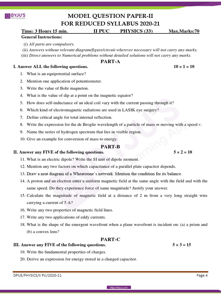 KSEEB-II-PU-PHYSICS-Model-Question-Paper-2020-21-Set-2 | PDF ...