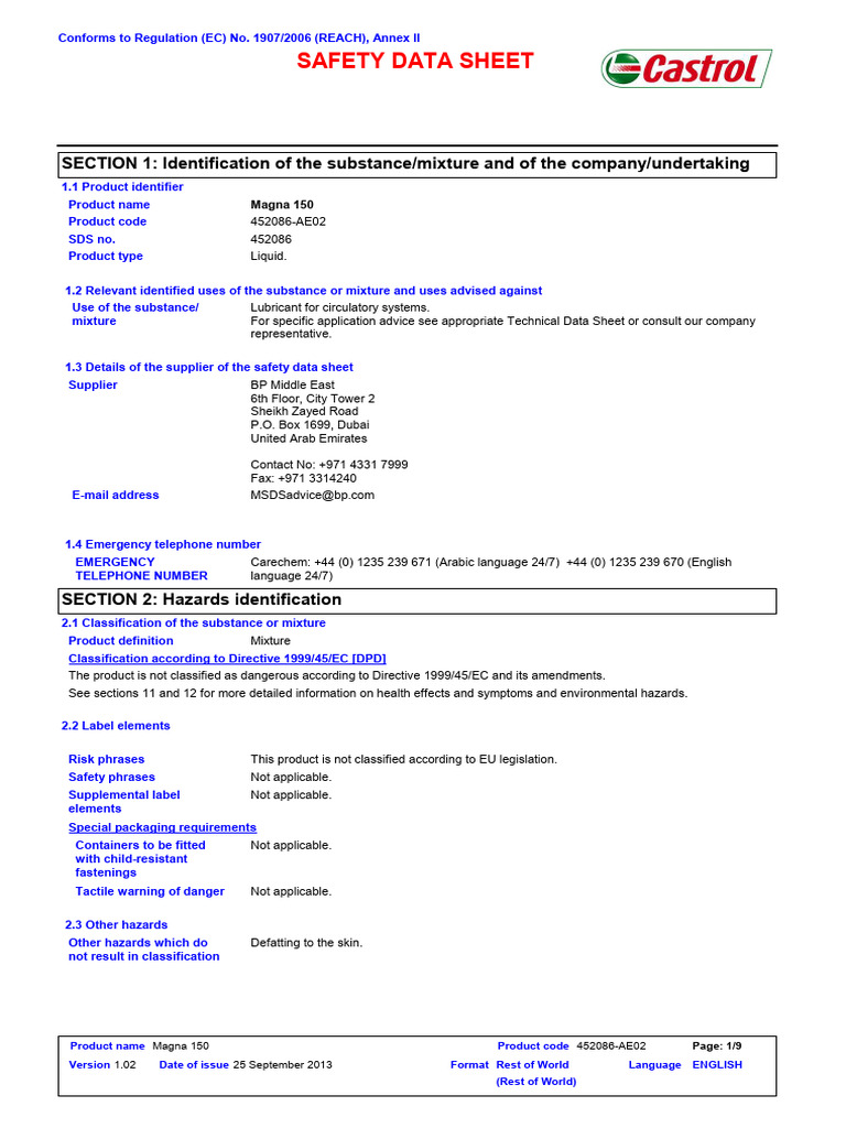 Castrol Magna 150 Safety Data Sheet | PDF | Wellness | Science ...