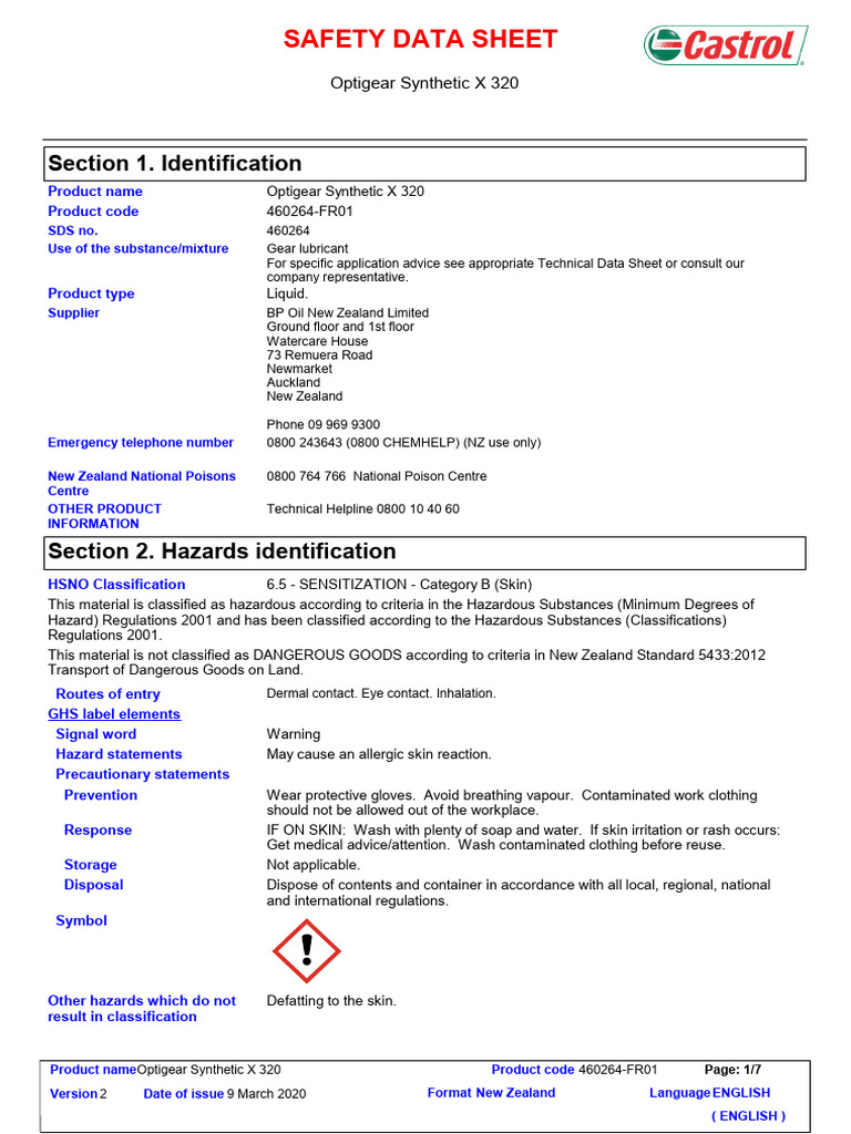 Castrol Optigear Synthetic X 320 - SDS | PDF | Personal Protective Equipment | Dangerous Goods