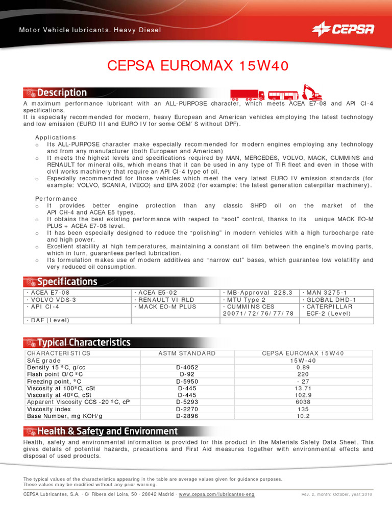 Cepsa Euromax 15W40 | PDF | Viscosity | Lubricant