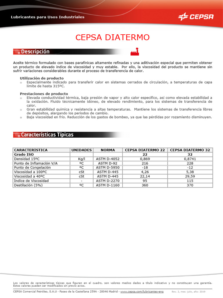 Cepsa Diatermo TDS | PDF | Calor | Viscosidad