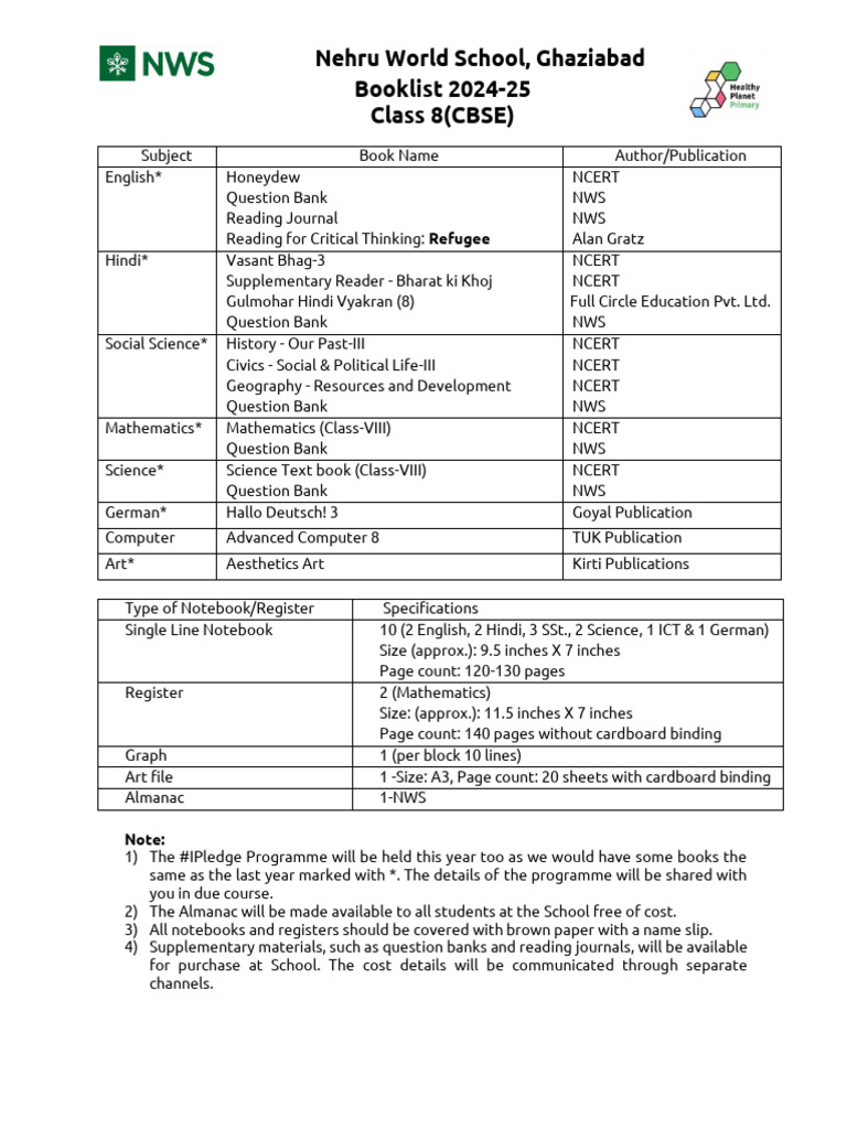 Book List CBSE 8 2024-25 | PDF | Notebook