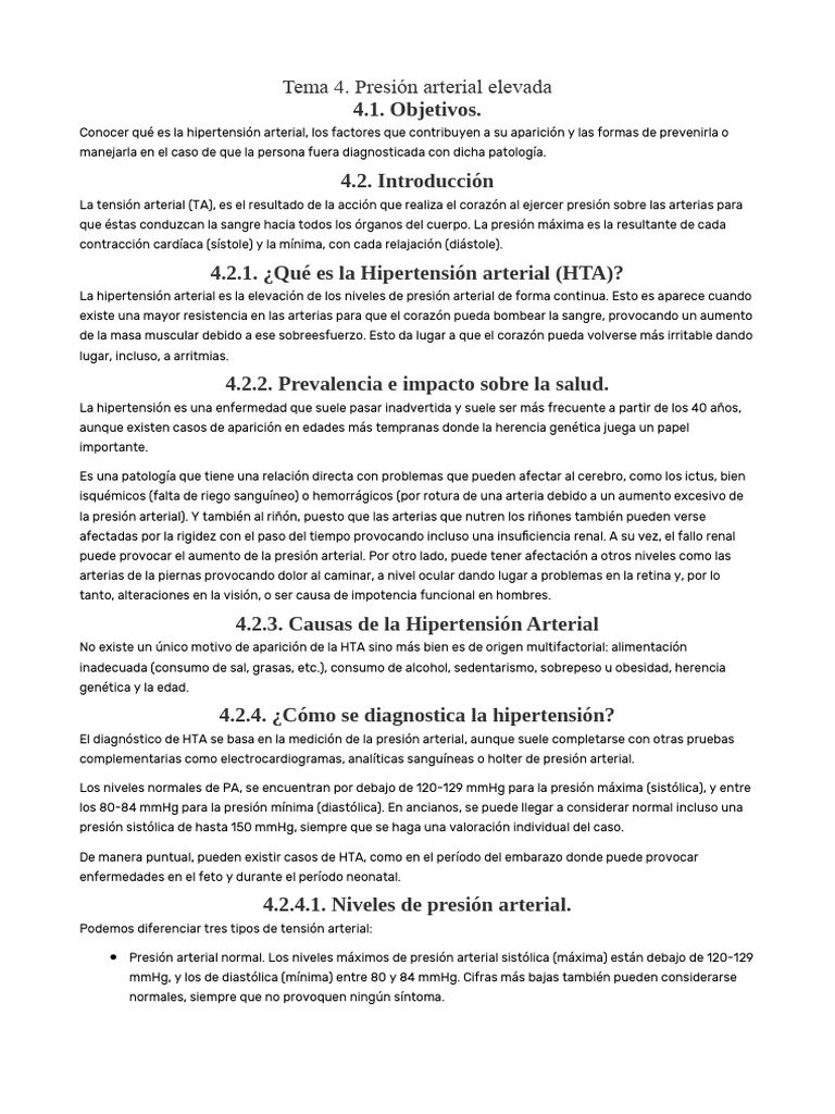 Tema 4. Presión Arterial Elevada | Descargar gratis PDF | Hipertensión | Presión sanguínea