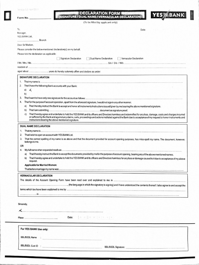 Declaration Form Yes Bank | PDF