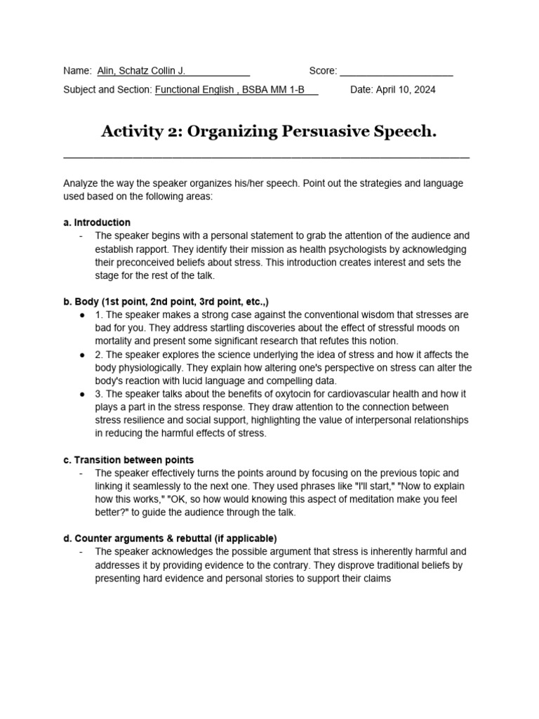 Organizing Persuasive Speech Techniques | PDF | Stress (Biology ...