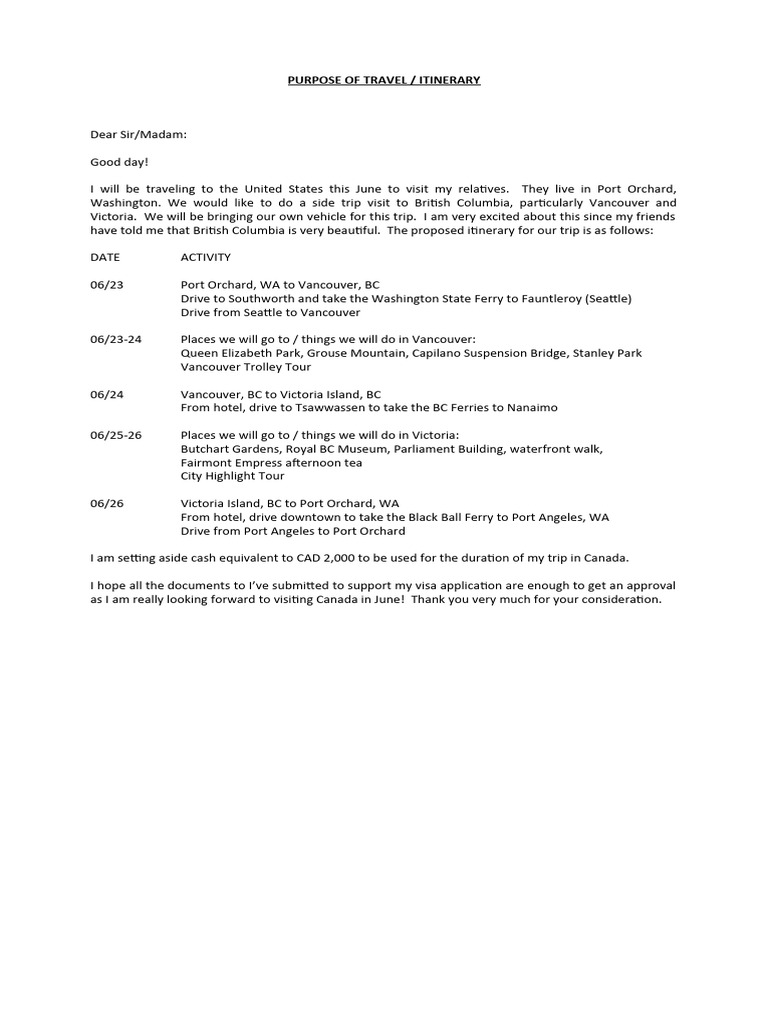 Purpose of Travel To Canada | PDF