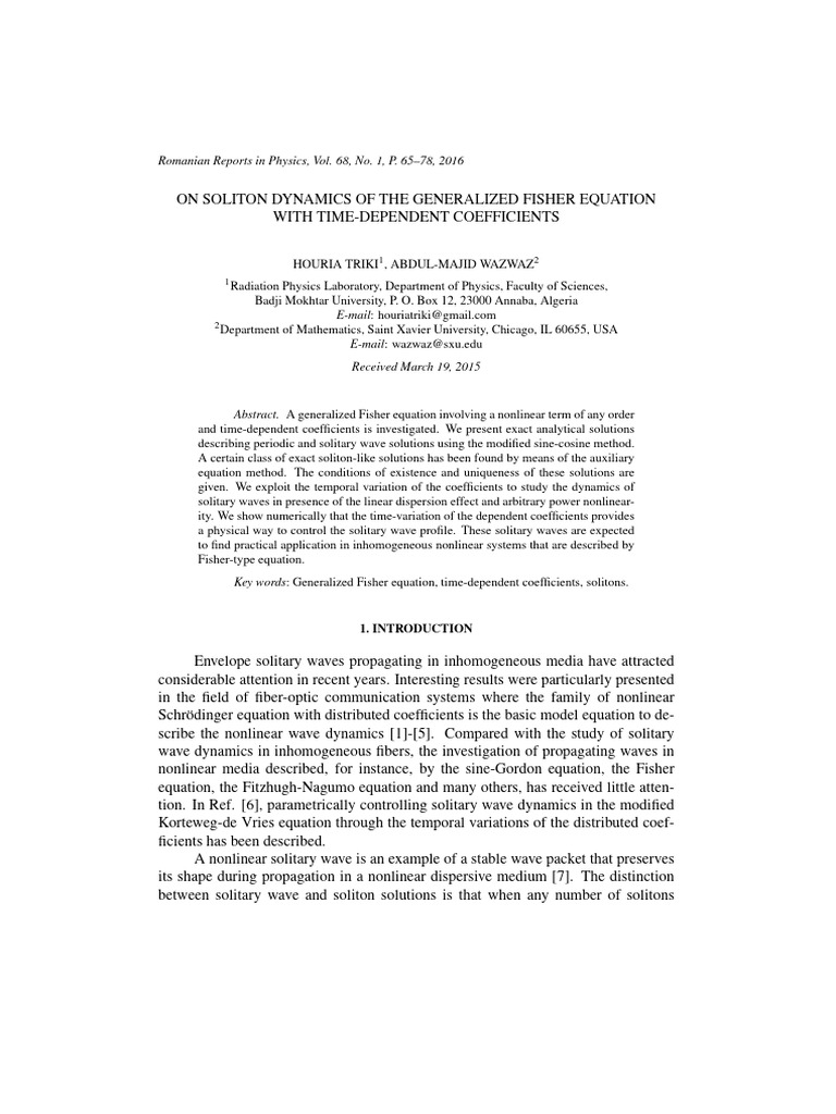 On Soliton Dynamics of The Generalized Fisher Equation | PDF | Soliton | Waves