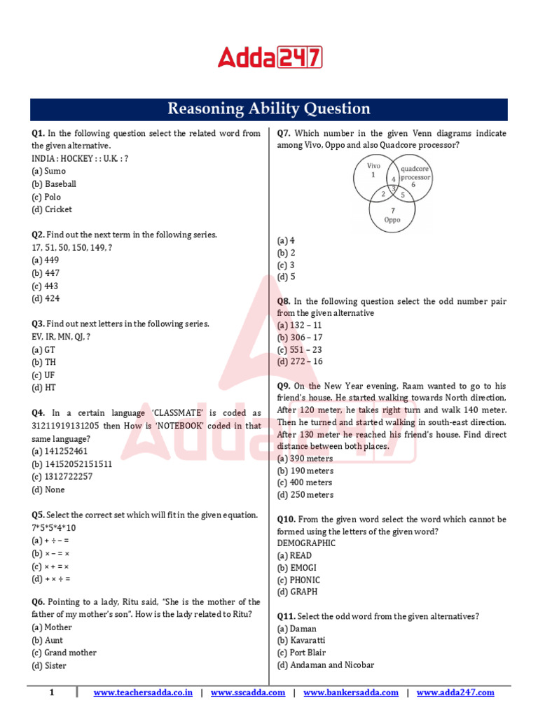 Free Reasoning Questions PDF For SSC Exams - 1042 | PDF