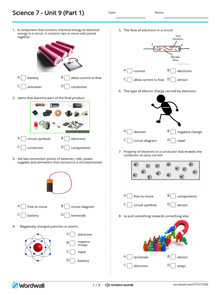 Science 7 Unit 9 Part 1 Quiz | PDF | Electron | Electrical Conductor