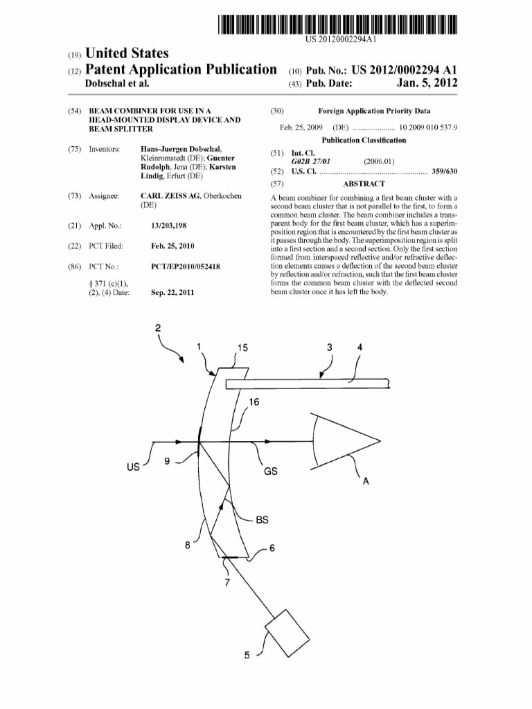 2012, US20120002294A1, Beam Combiner For Use in A Head-Mounted Display ...