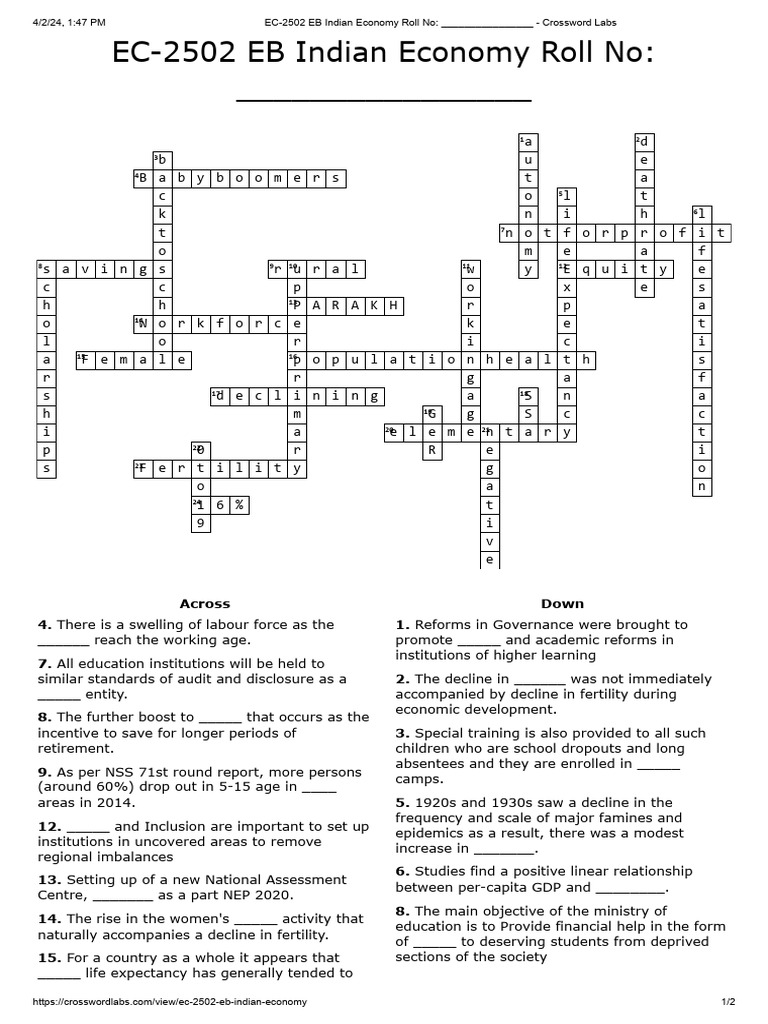EC-2502 EB Indian Economy Crossword Ans | PDF | Total Fertility Rate | Economies