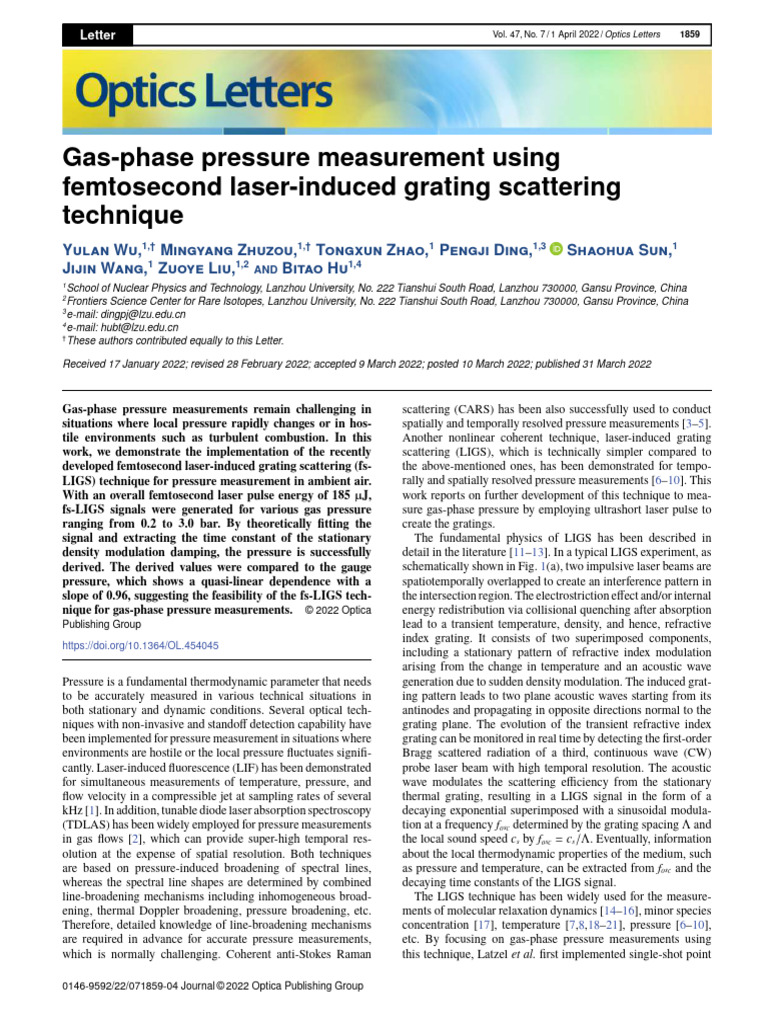 Gas-Phase Pressure Measurement Using Femtosecond Laser-Induced Grating ...
