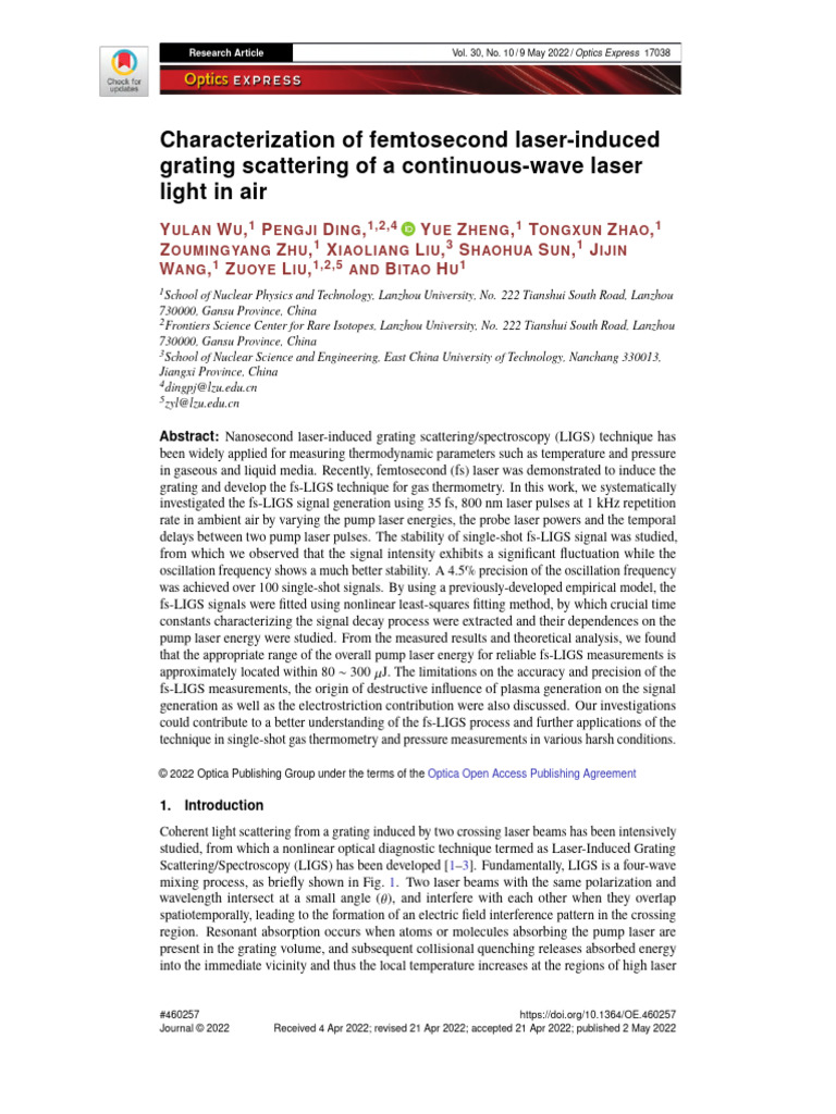 Characterization of femtosecond laser-induced grating scattering of a ...