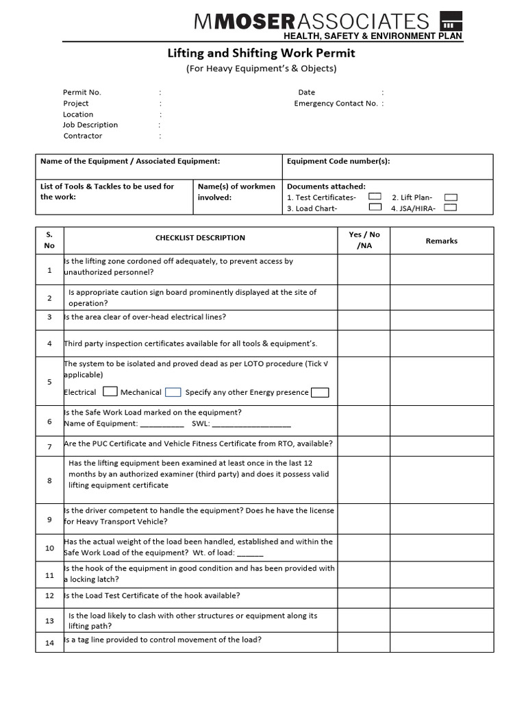 R 03 Lifting and Shifting Work Permit (1) | PDF | Safety