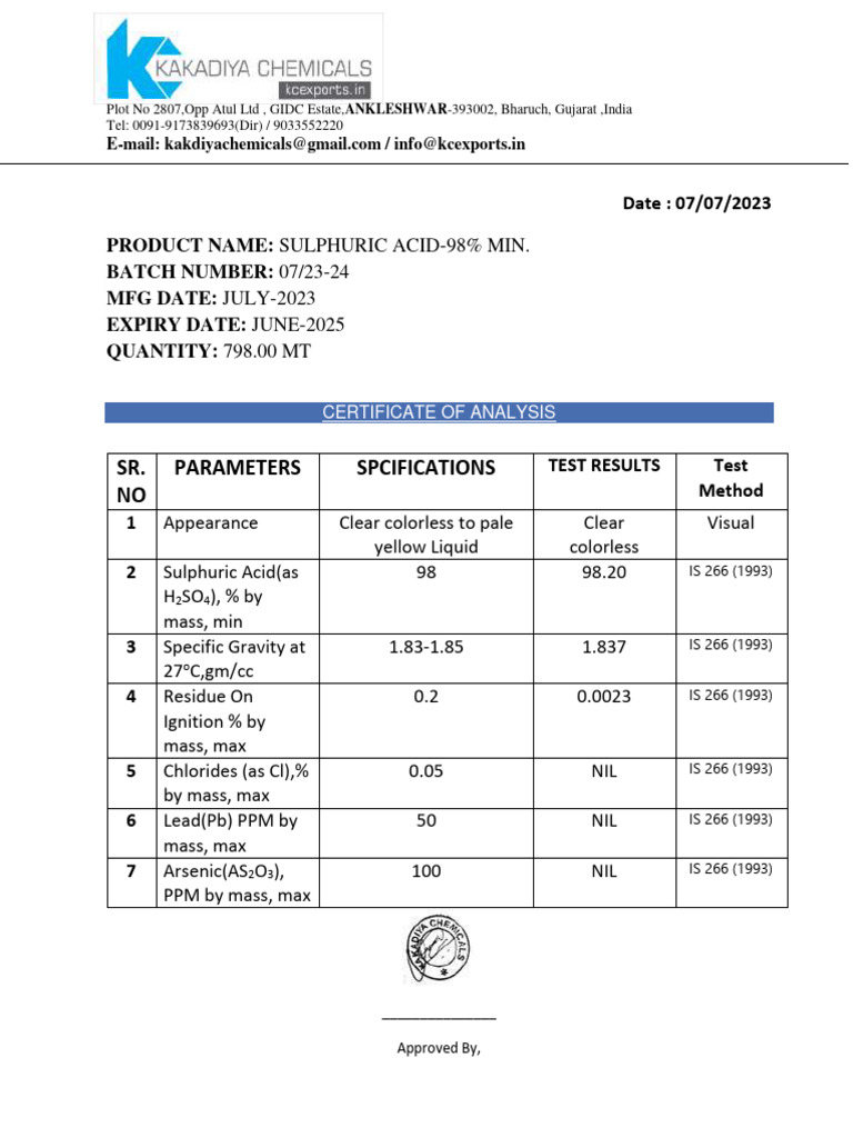 COA Sulphuric Acid 98% CRIA | PDF