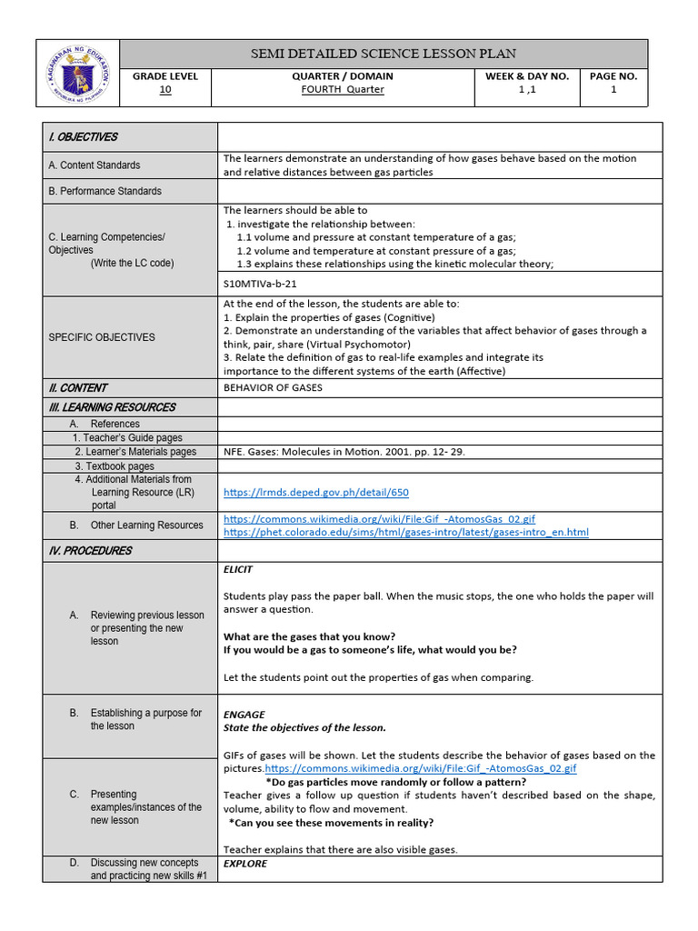 Behavior of Gases Lesson Plan | Download Free PDF | Gases | Temperature