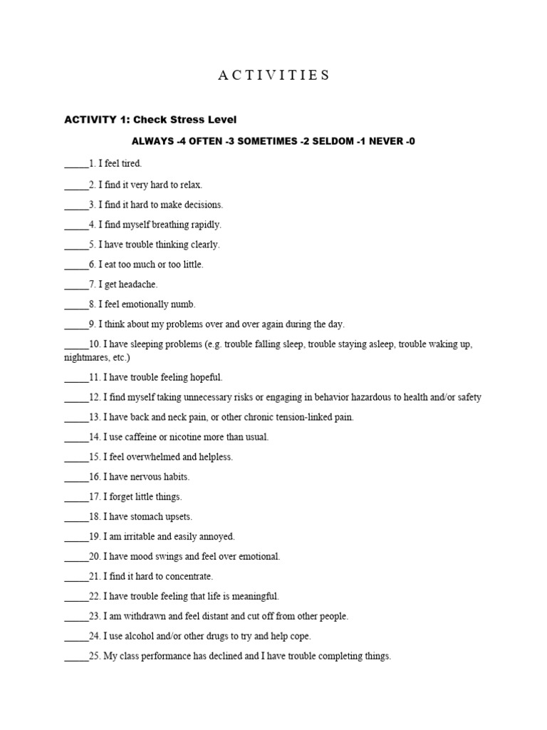 Activities: Always - 4 Often - 3 Sometimes - 2 Seldom - 1 Never - 0 ...