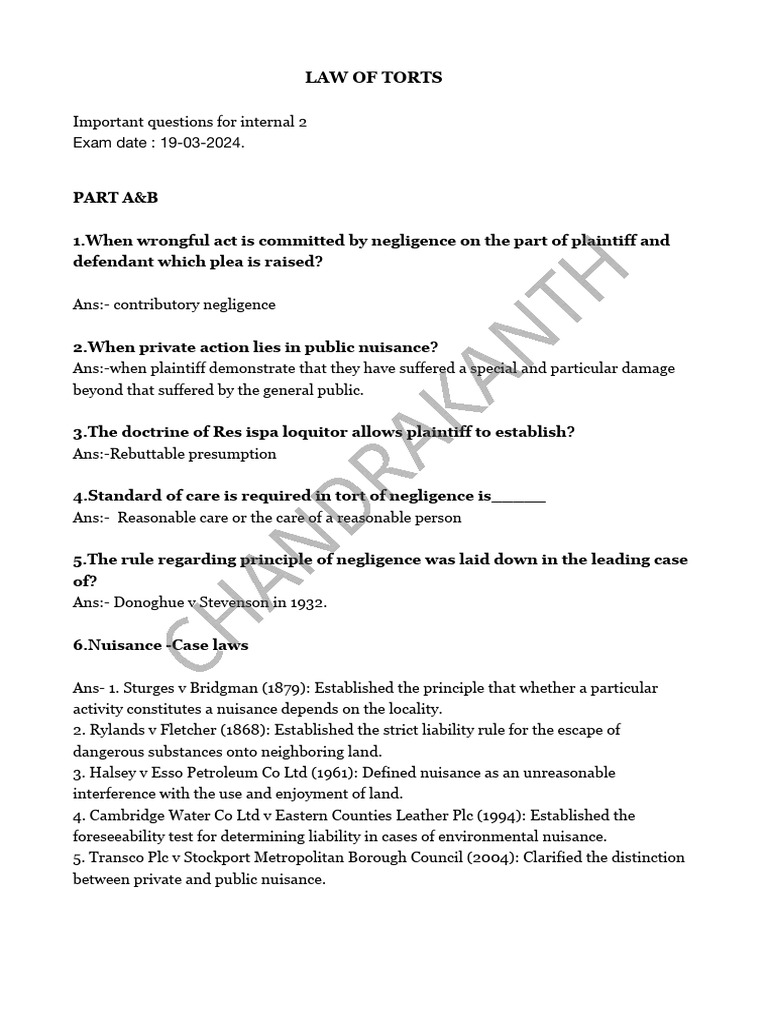Law of Torts - For Internal 2 | PDF | Defamation | Tort