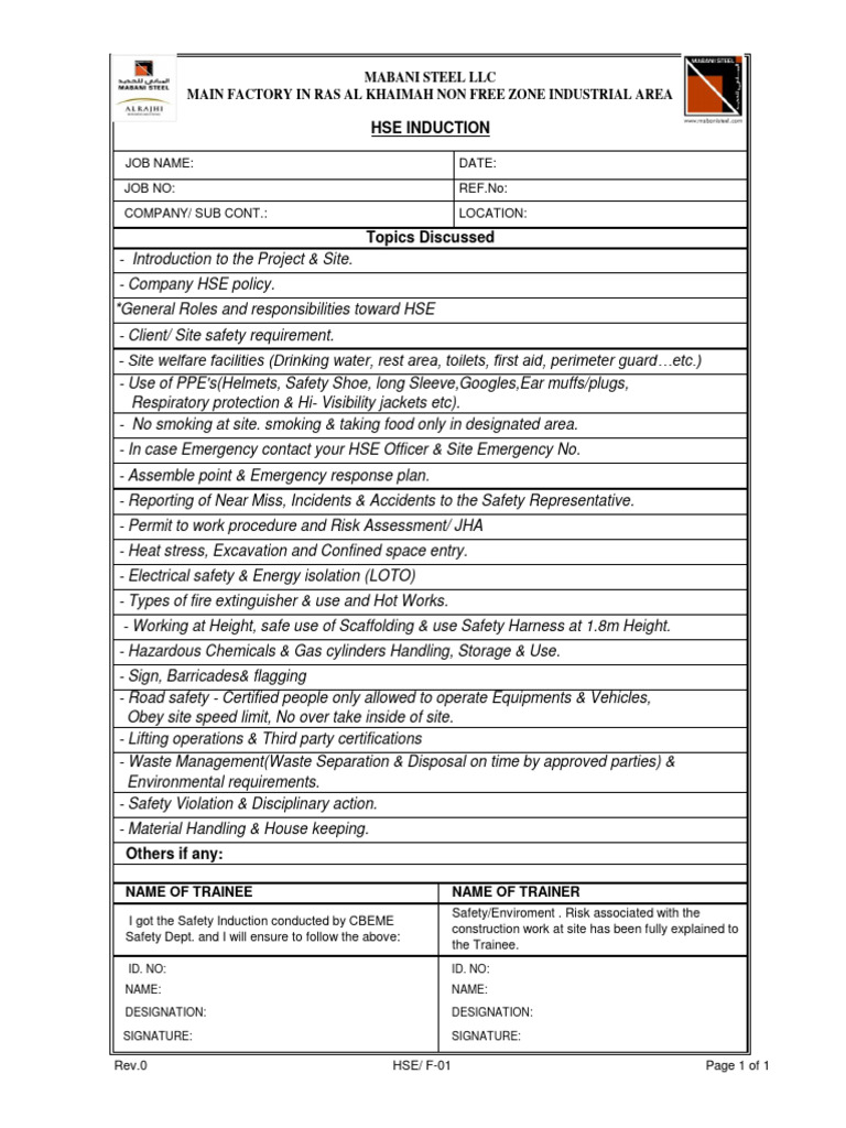 F 01 Hse Induction Pdf Safety Occupational Safety And Health