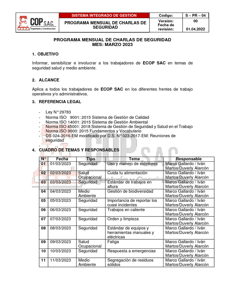 S-PR-04 Formato Programa Mensual de Charlas de Seguridad | PDF | Alimentos | Fruta