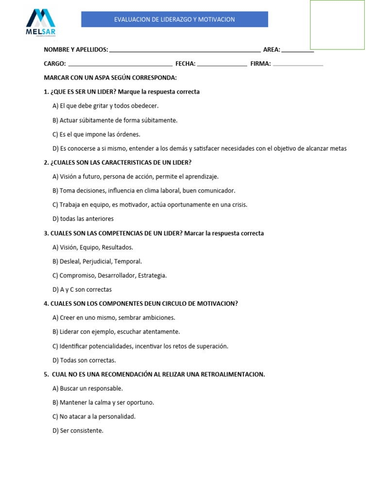 Examen de LIDERAZGO Y MOTIVACION | PDF Examen de LIDERAZGO Y MOTIVACION | PDF