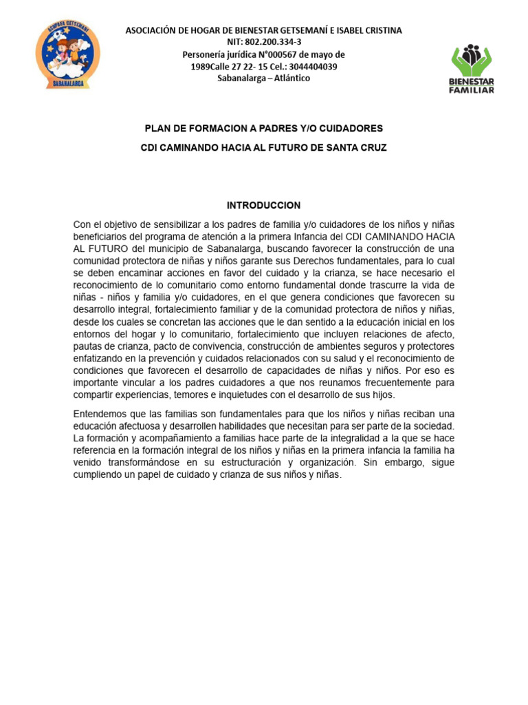 PLAN DE FORMACION A PADRES-CDI CAMINANDO HACIA FUTURO | PDF | Familia | Derechos de los niños