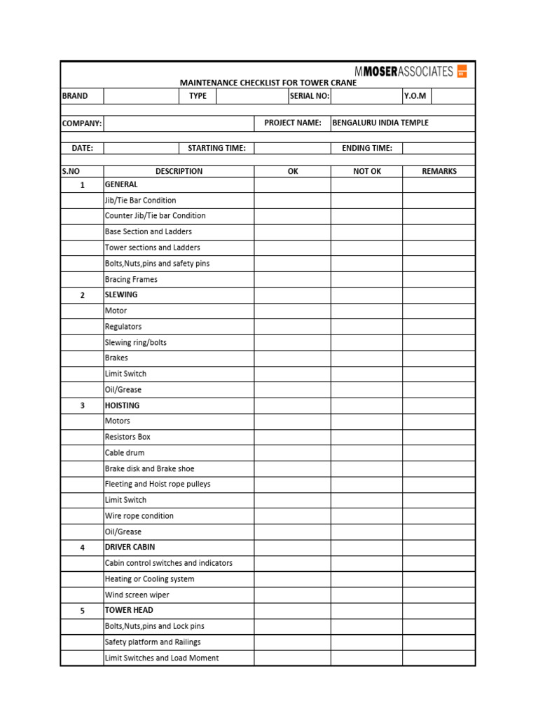 Tower Crane Maintenance Checklist | PDF