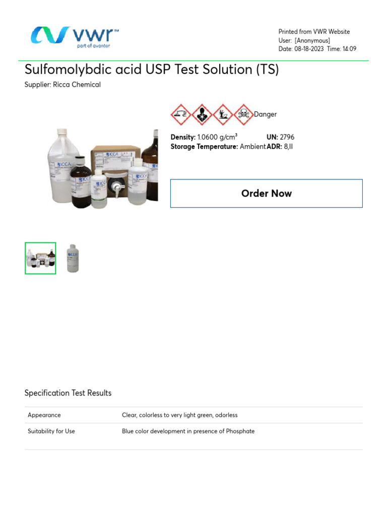 Sulfomolybdic Acid USP Test Solution (TS) - VWR | PDF