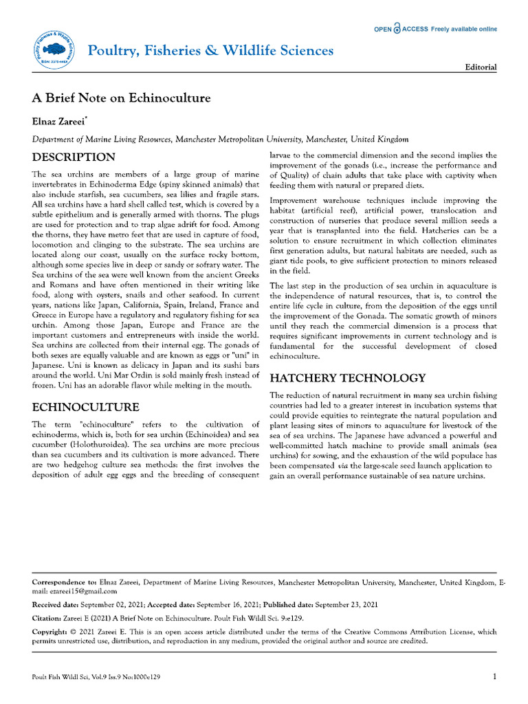 A Brief Note On Echinoculture - 2021 | PDF